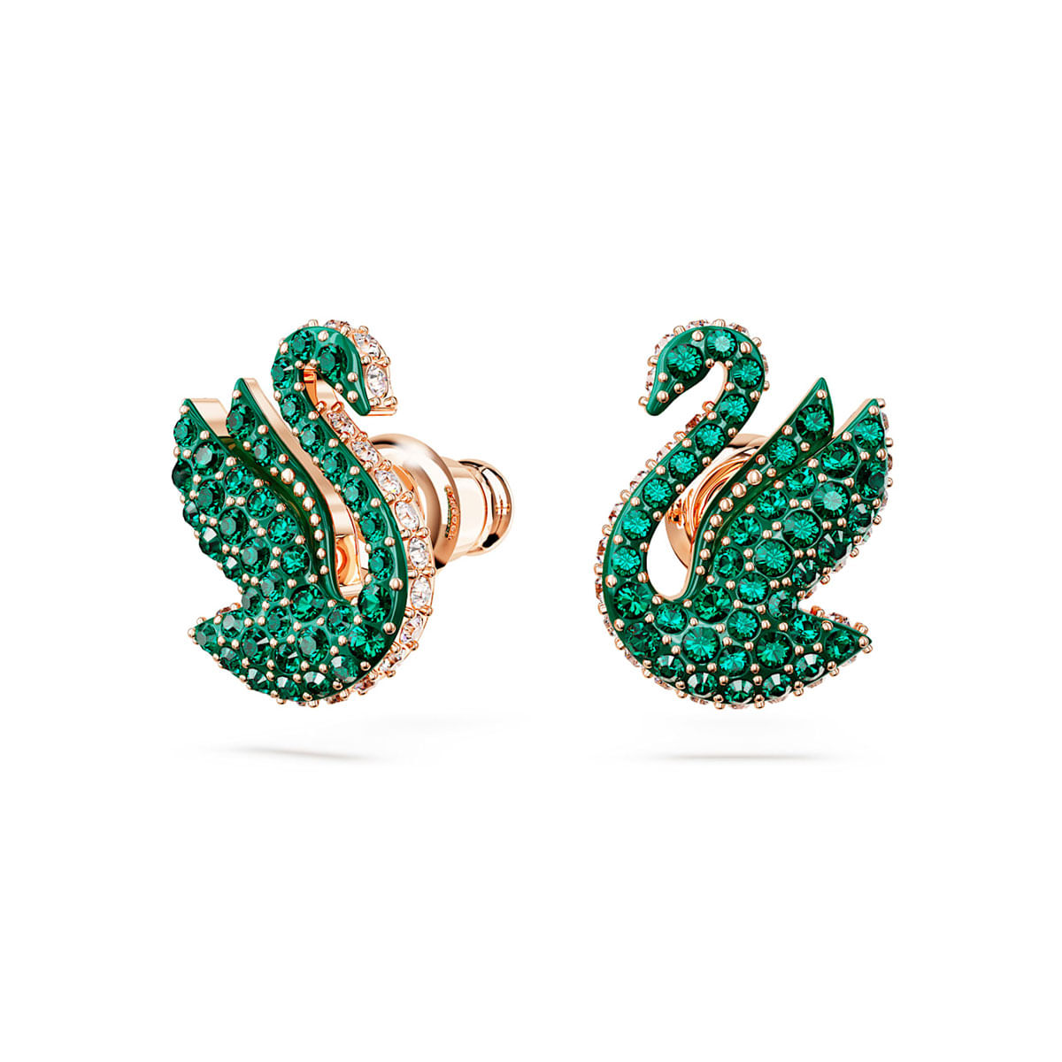 Pendientes Swarovski largos cisne verde baño de oro rosa